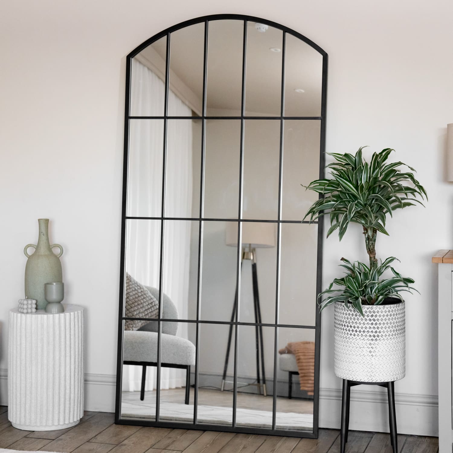 Tomi - Full Length Black Metal Arched Lattice Window Mirror - 180cm x ...